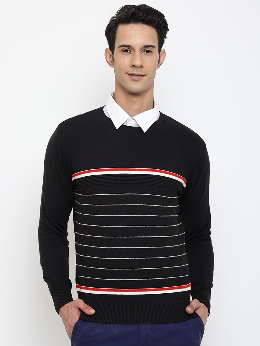 Buy Cantabil Men Black & White Striped Wool Round Neck Pullover ...