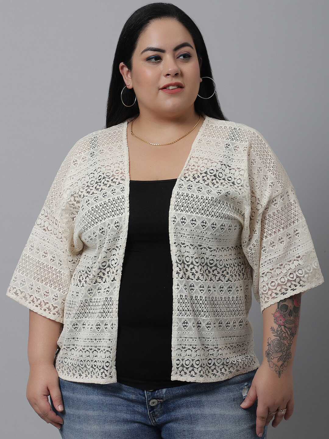 Buy Rute Women Off White Self Design Plus Size Cotton Shrug - Shrug for ...