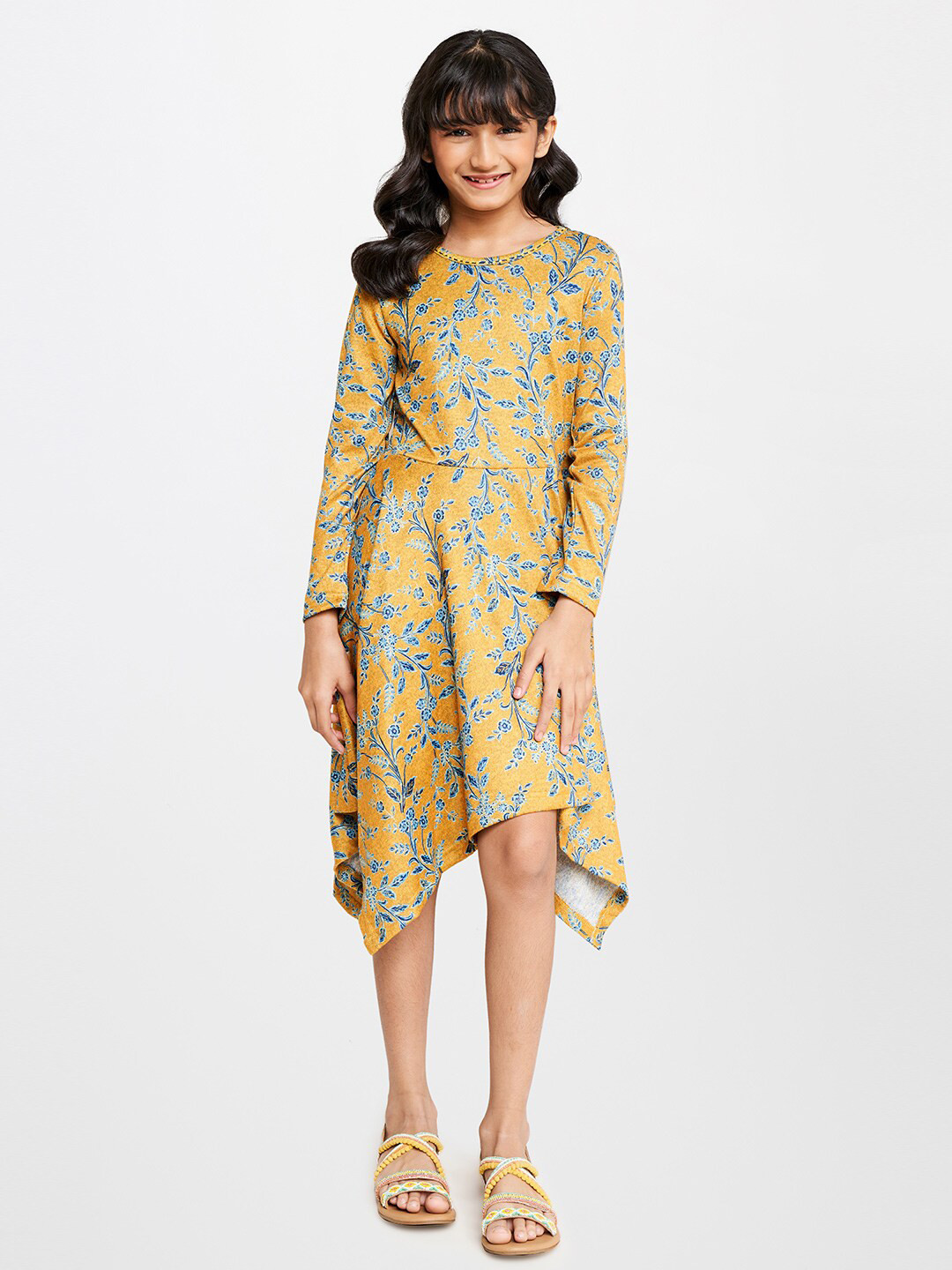 Buy Global Desi Girls Mustard Yellow Floral Dress - Dresses for Girls ...