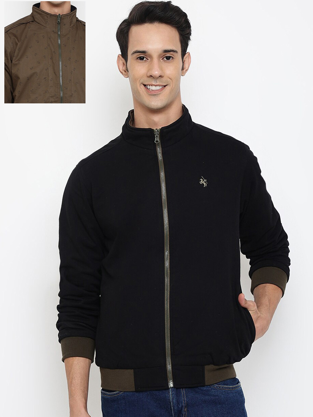 Buy Cantabil Men Olive Green & Black Cotton Reversible Bomber Jacket ...