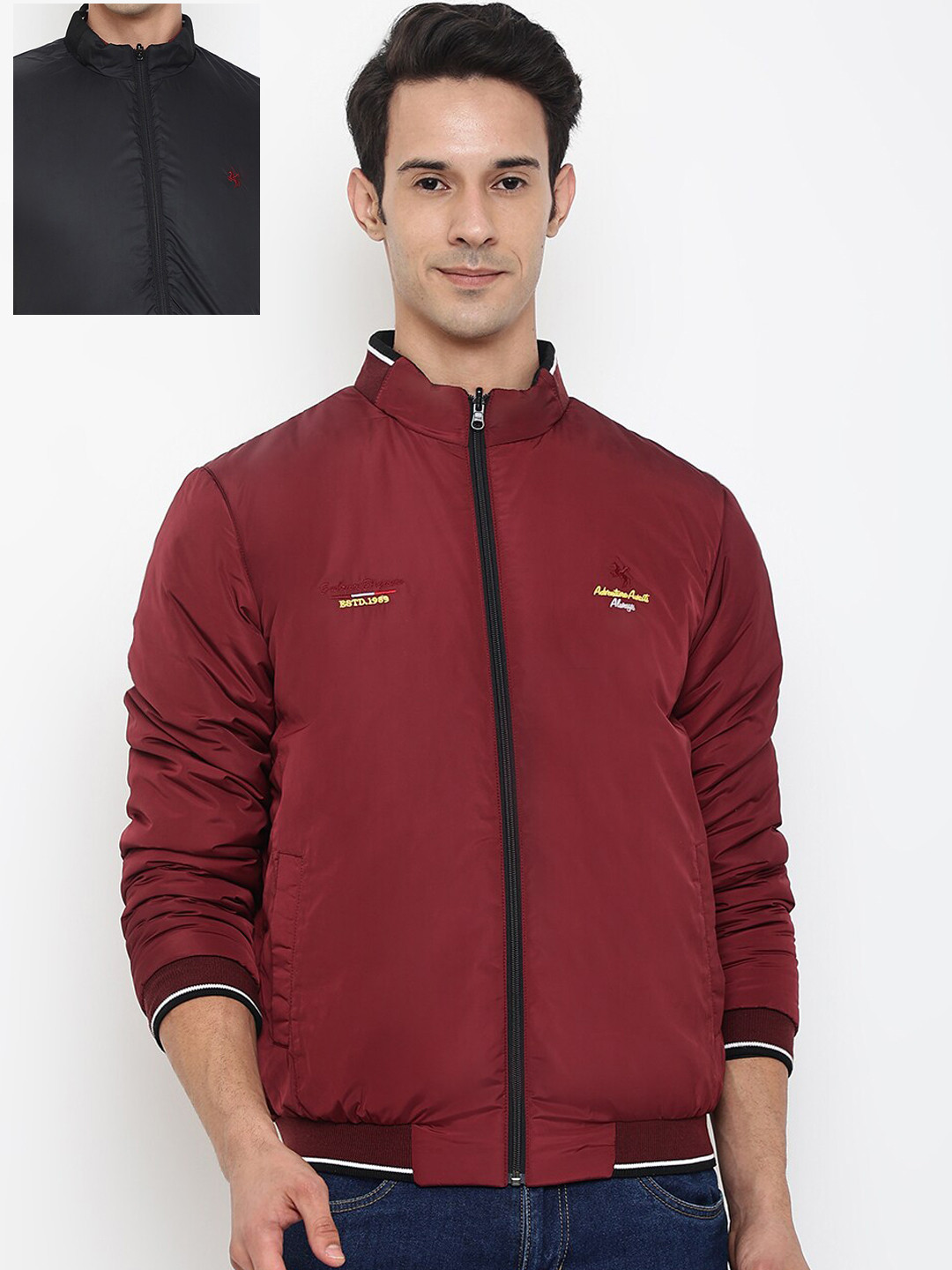 Buy Cantabil Men Maroon & Black Reversible Bomber Jacket - Jackets for ...