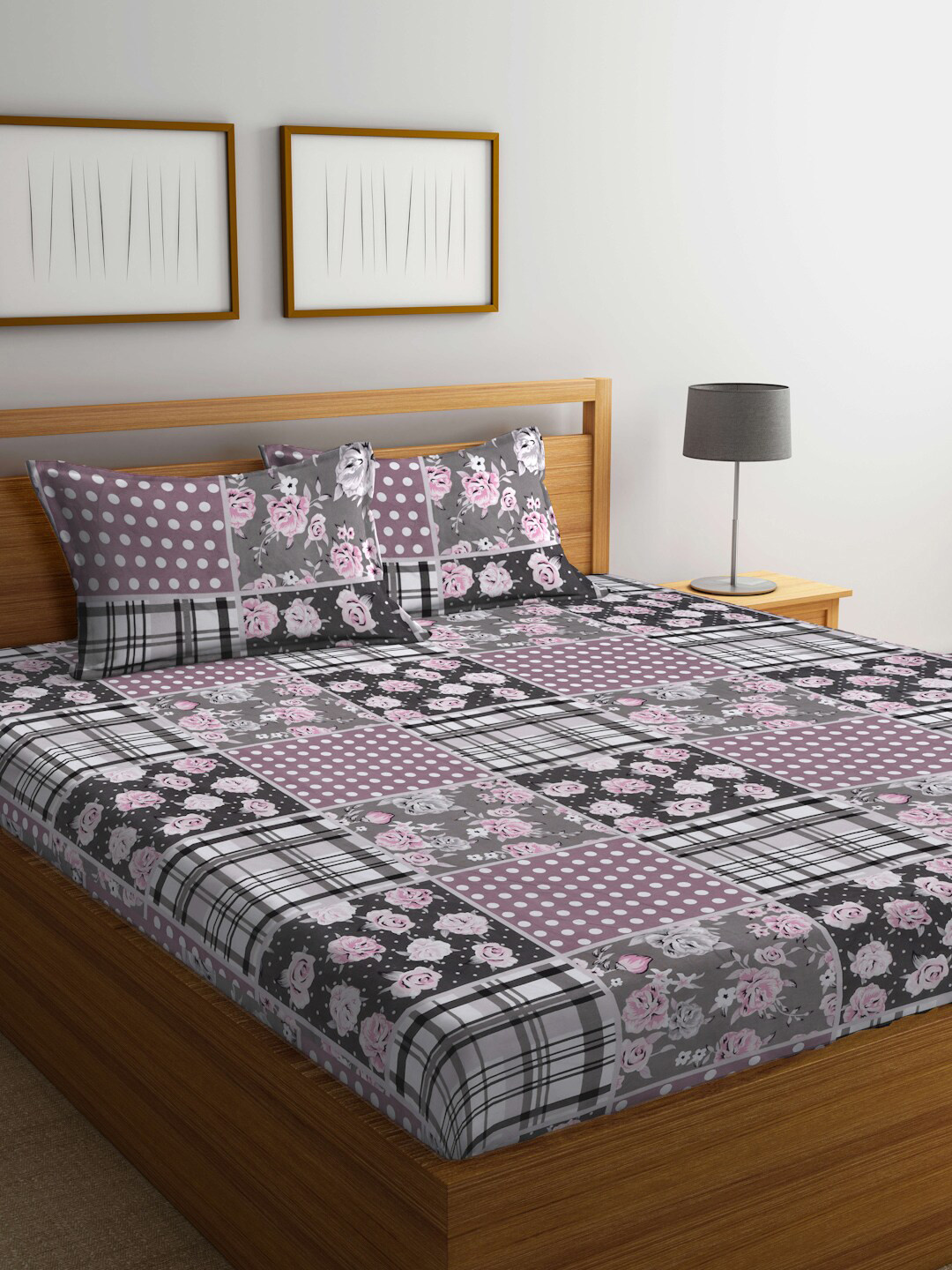 Buy KLOTTHE Purple Floral Printed 300 TC Super King Double Bedsheet With 2 Pillow Covers ...