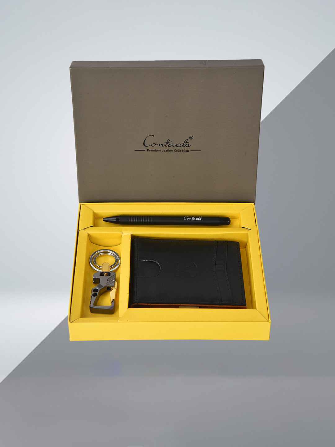 Buy CONTACTS Men Black Solid Genuine Leather Accessory Gift Set ...