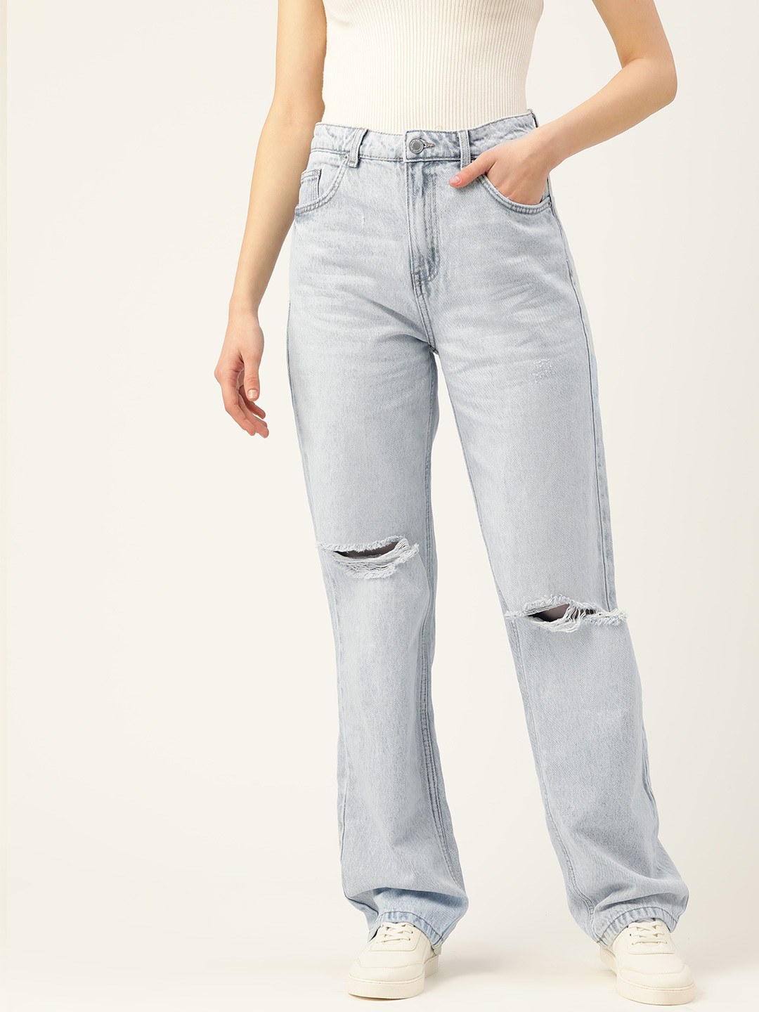 Buy Malachi Women Blue Straight Fit High Rise Low Distress Light Fade ...