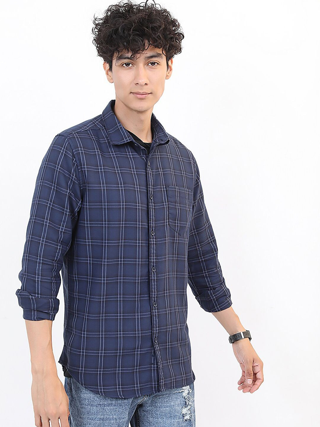 Buy HIGHLANDER Men Navy Blue Slim Fit Checked Casual Shirt - Shirts for ...