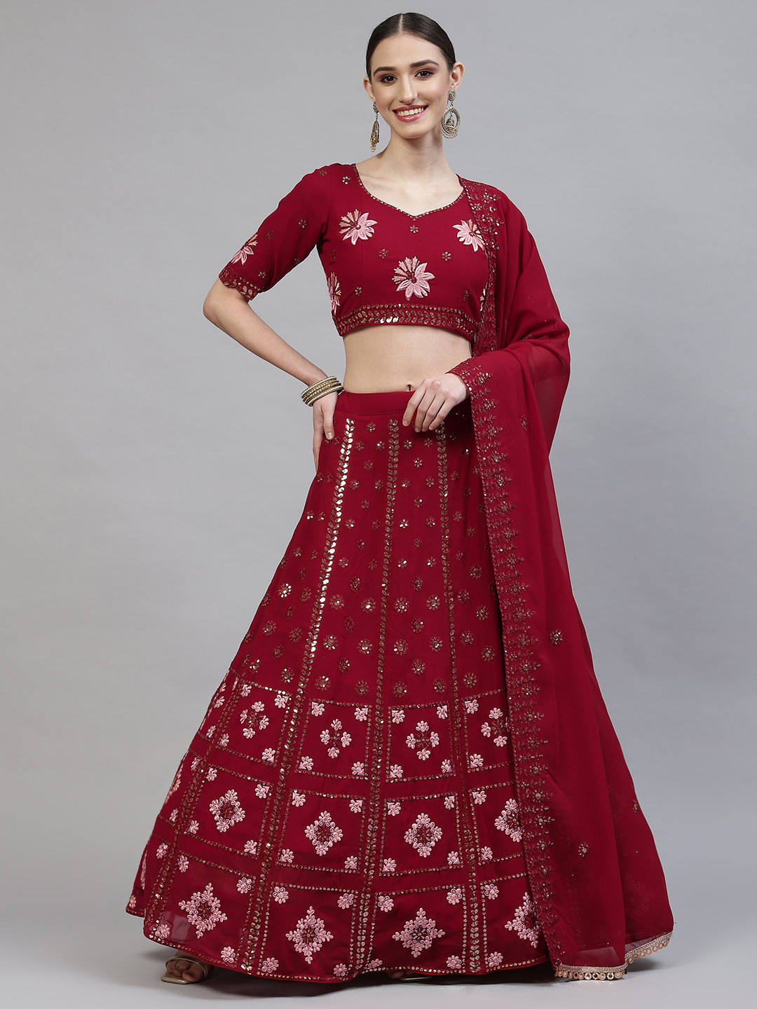 Buy SHUBHKALA Red Embroidered Semi Stitched Lehenga & Blouse With ...