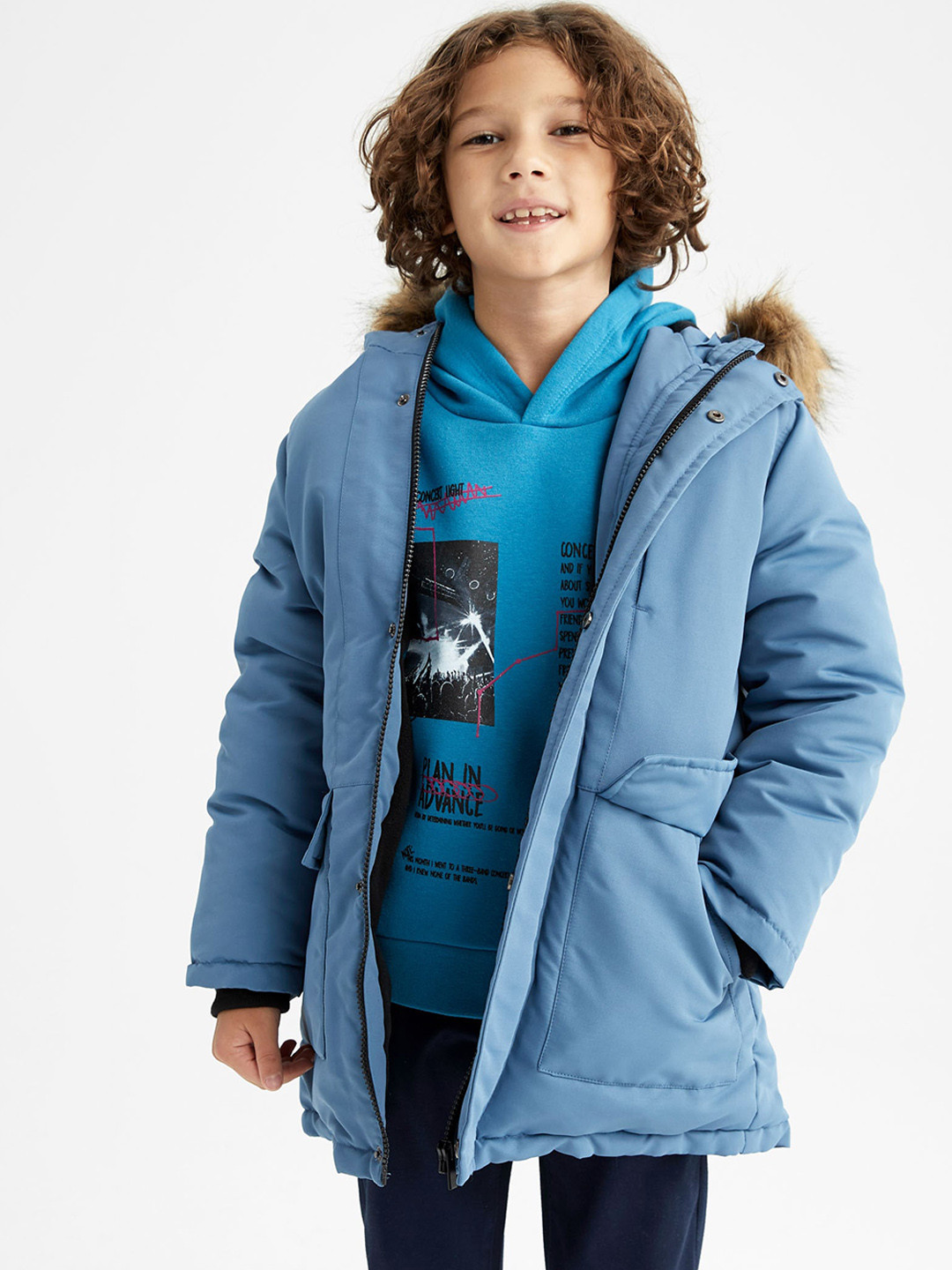 Buy DeFacto Boys Blue Solid Longline Parka Jacket - Jackets for Boys ...