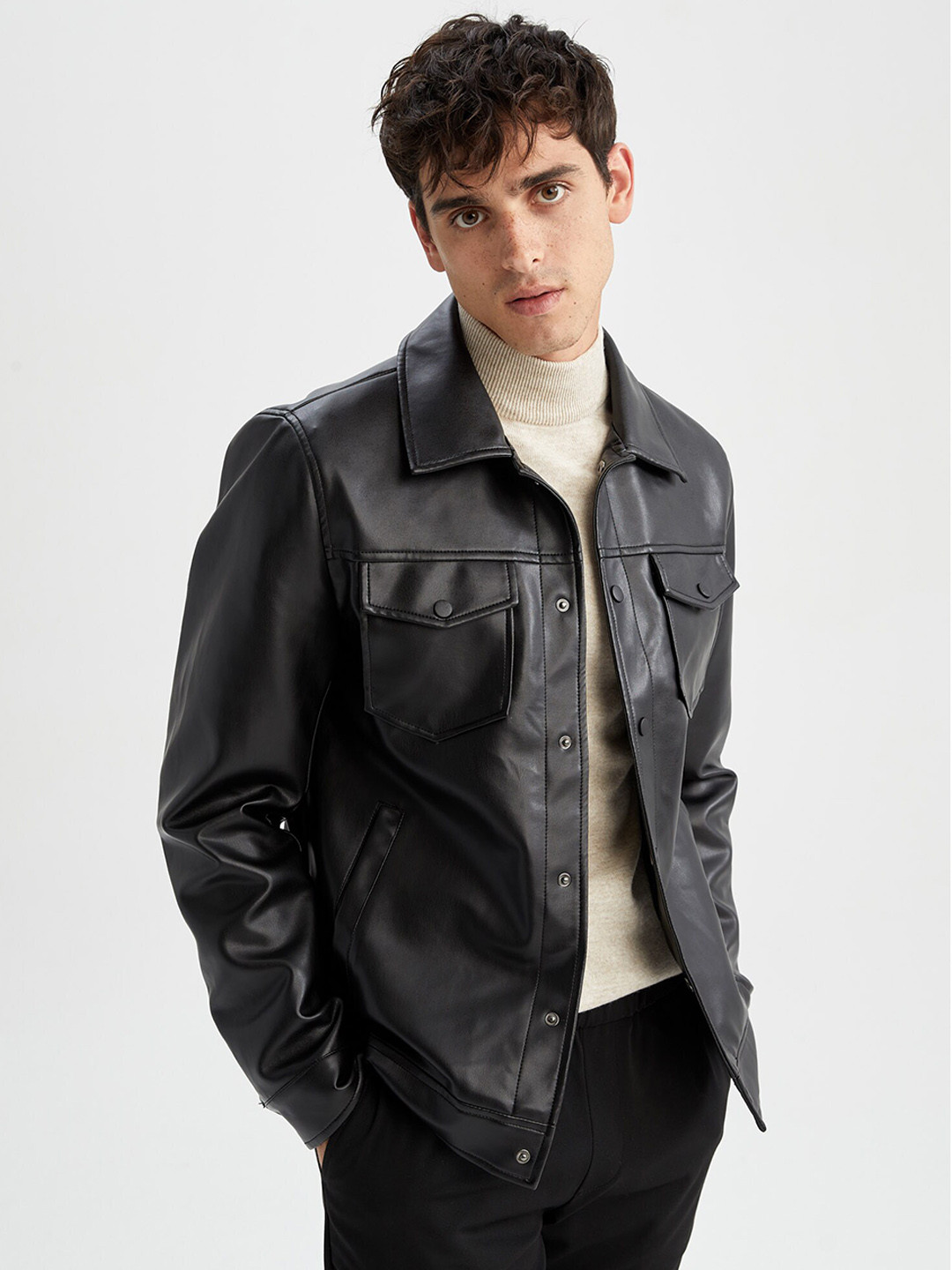 Buy DeFacto Men Black Faux Leather Jacket - Jackets for Men 20819804 ...