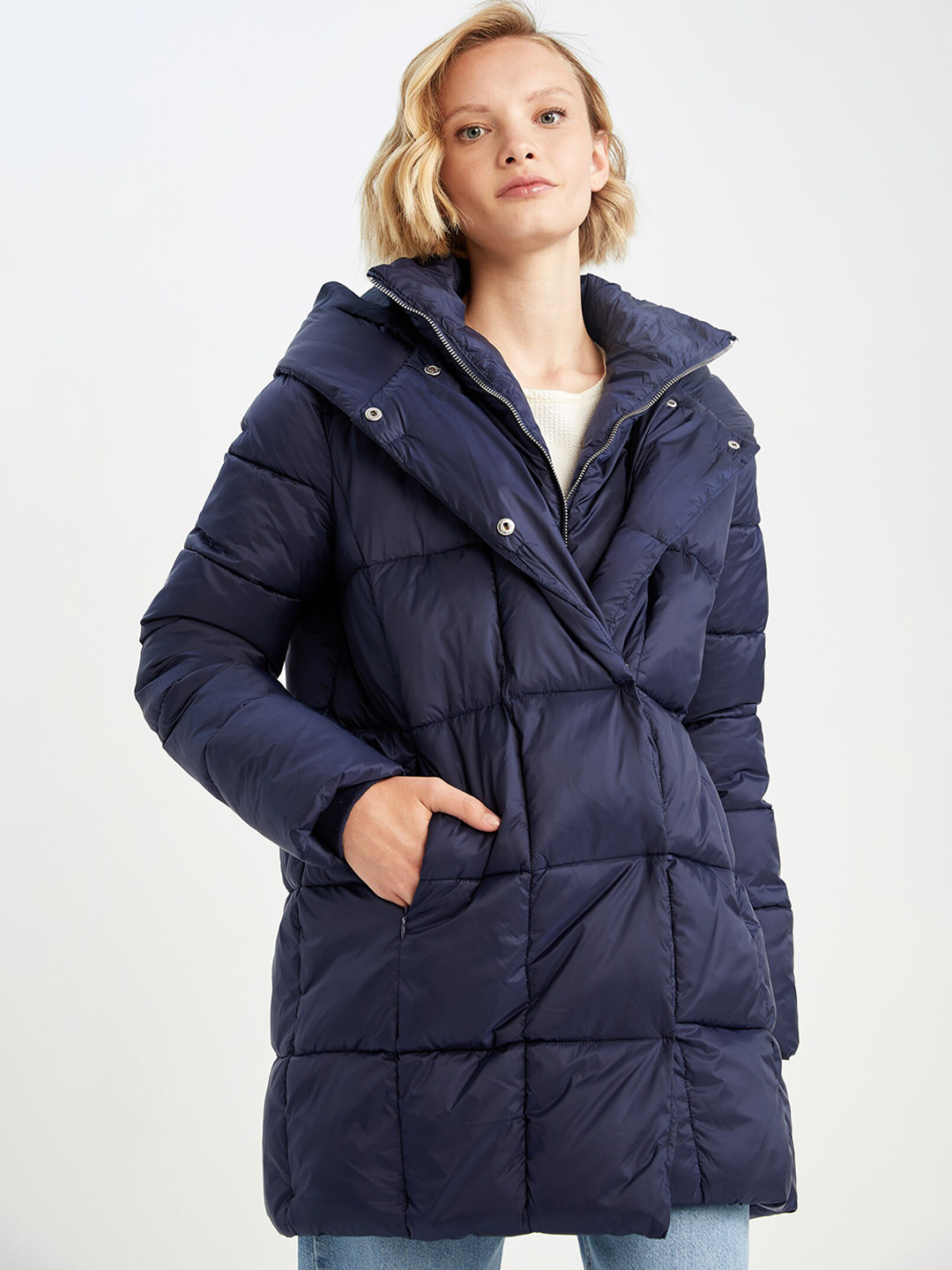 Buy DeFacto Women Navy Blue Longline Puffer Jacket - Jackets for Women ...