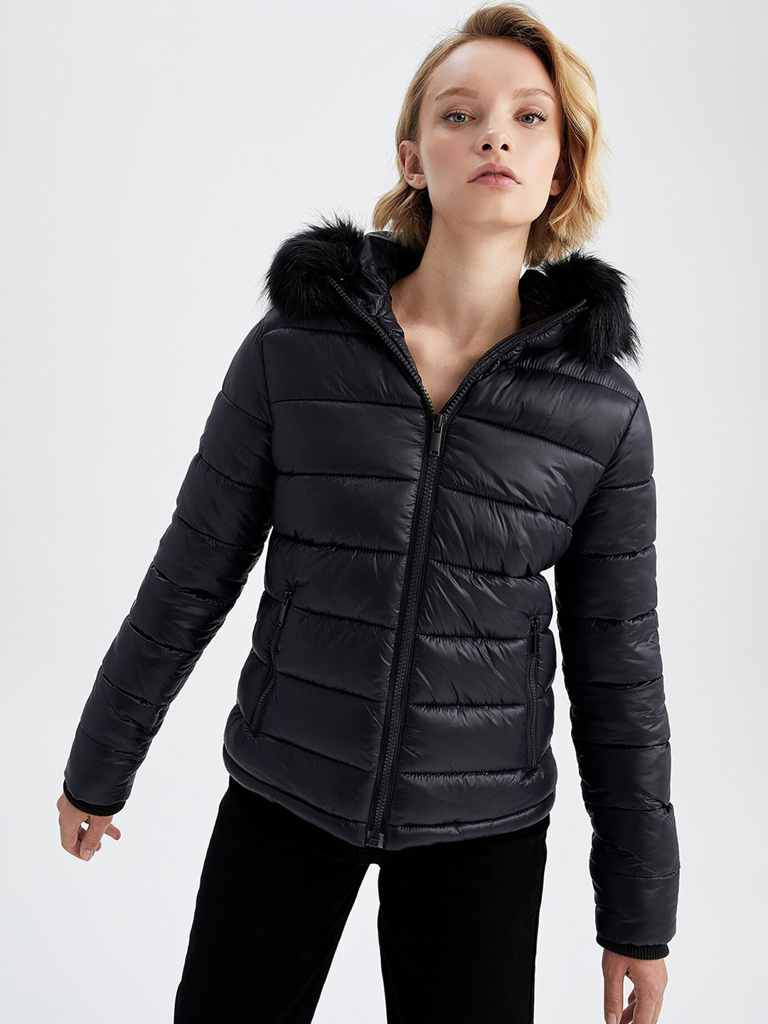 Buy DeFacto Women Black Solid Long Sleeves Puffer Jacket - Jackets for ...