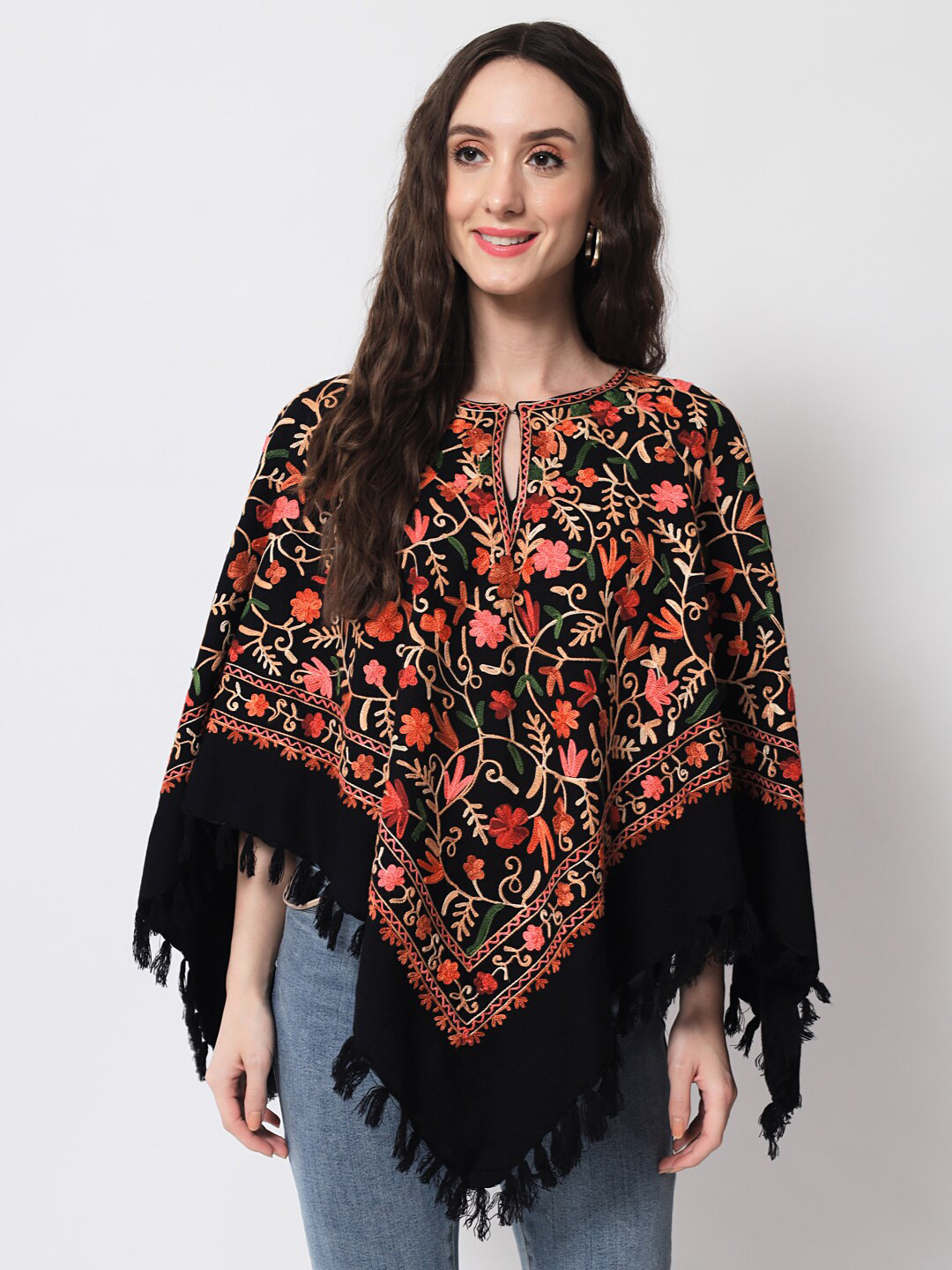 Buy Zamour Women Black & Orange Floral Embroidered Kashmiri Poncho ...