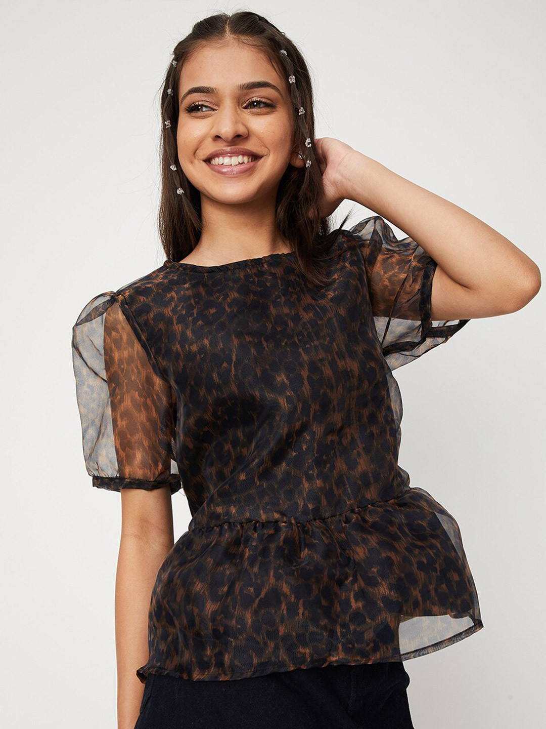 Buy Max Girls Black Animal Print Peplum Top - Tops for Girls 20820466 ...