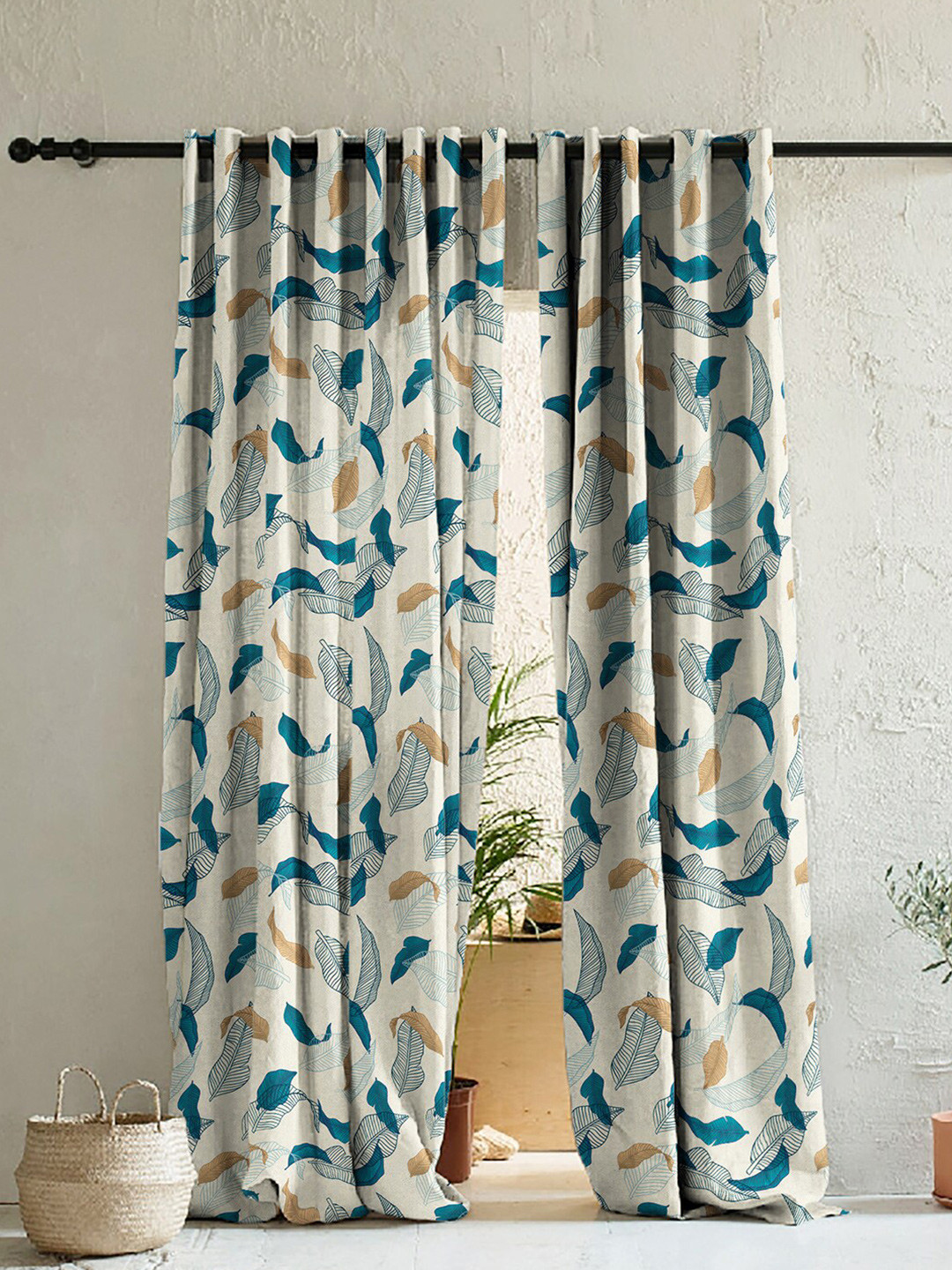 Buy SPACES Grey & Teal Set Of 2 Floral Room Darkening Window Curtain ...