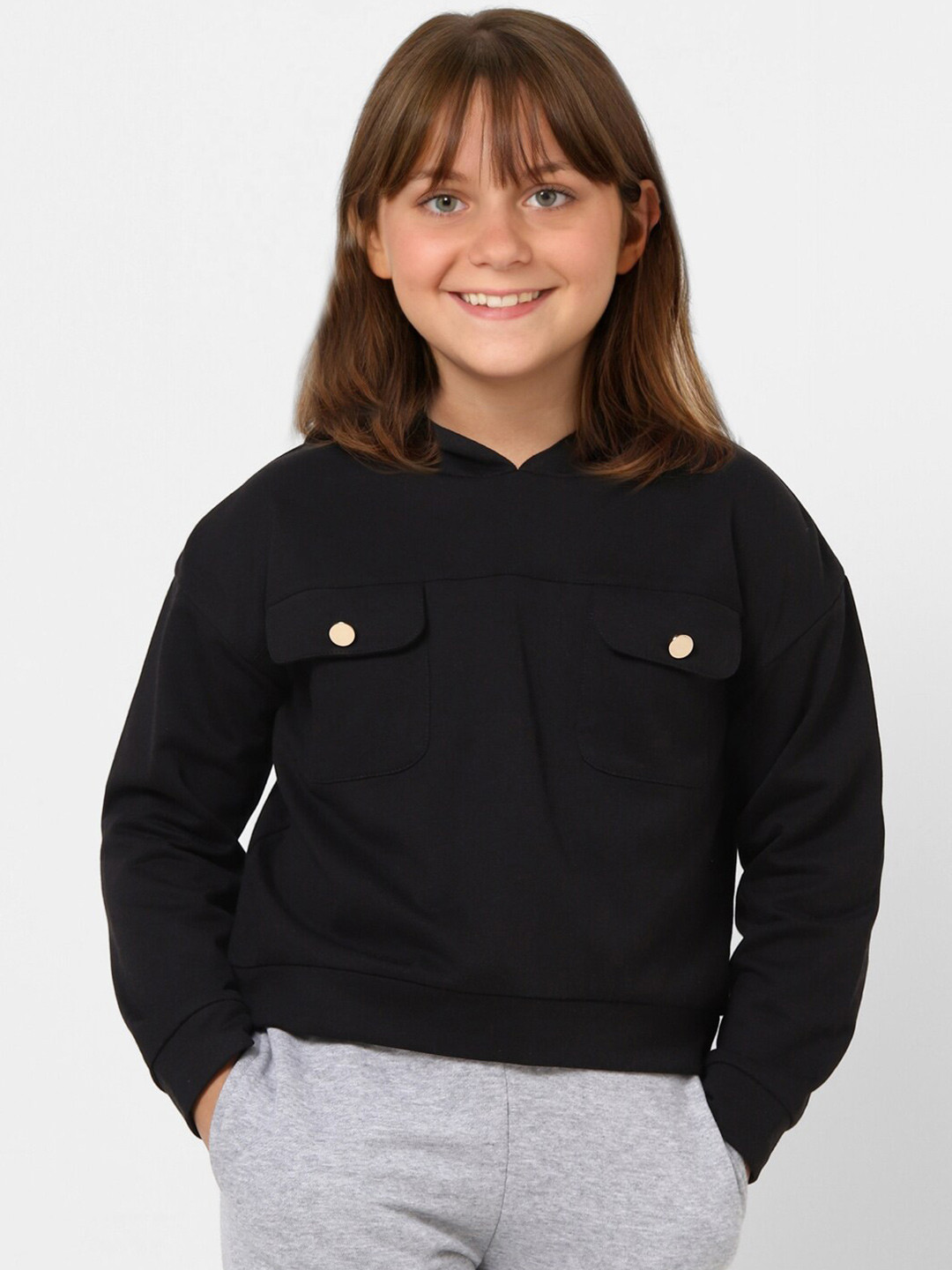 Buy KIDS ONLY Girls Black Solid Cotton Hooded Sweatshirt - Sweatshirts ...