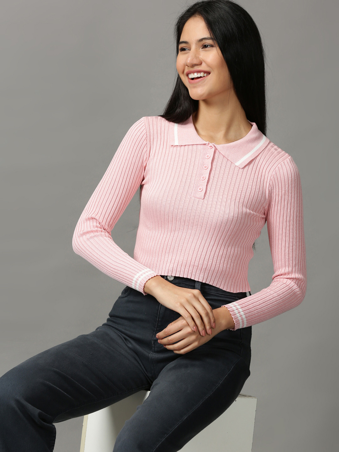 Buy SHOWOFF Women Pink Striped Acrylic Crop Top - Tops for Women ...