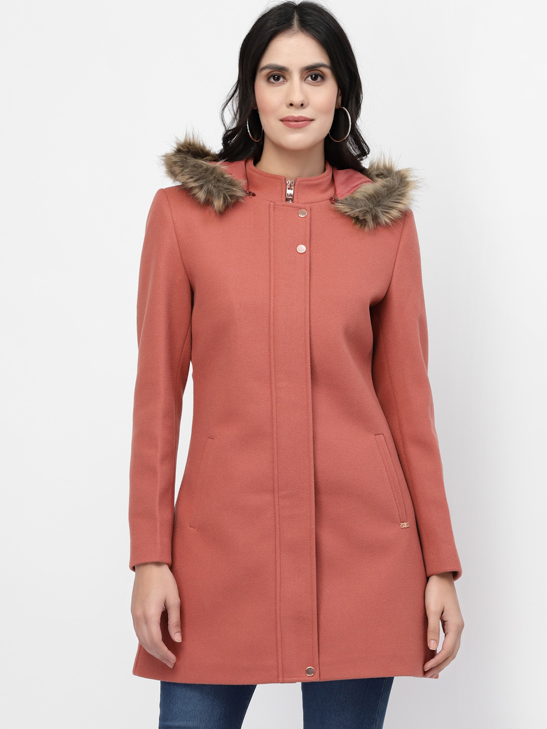 Buy Juelle Women Peach Solid Longline Winter Coat - Coats for Women ...