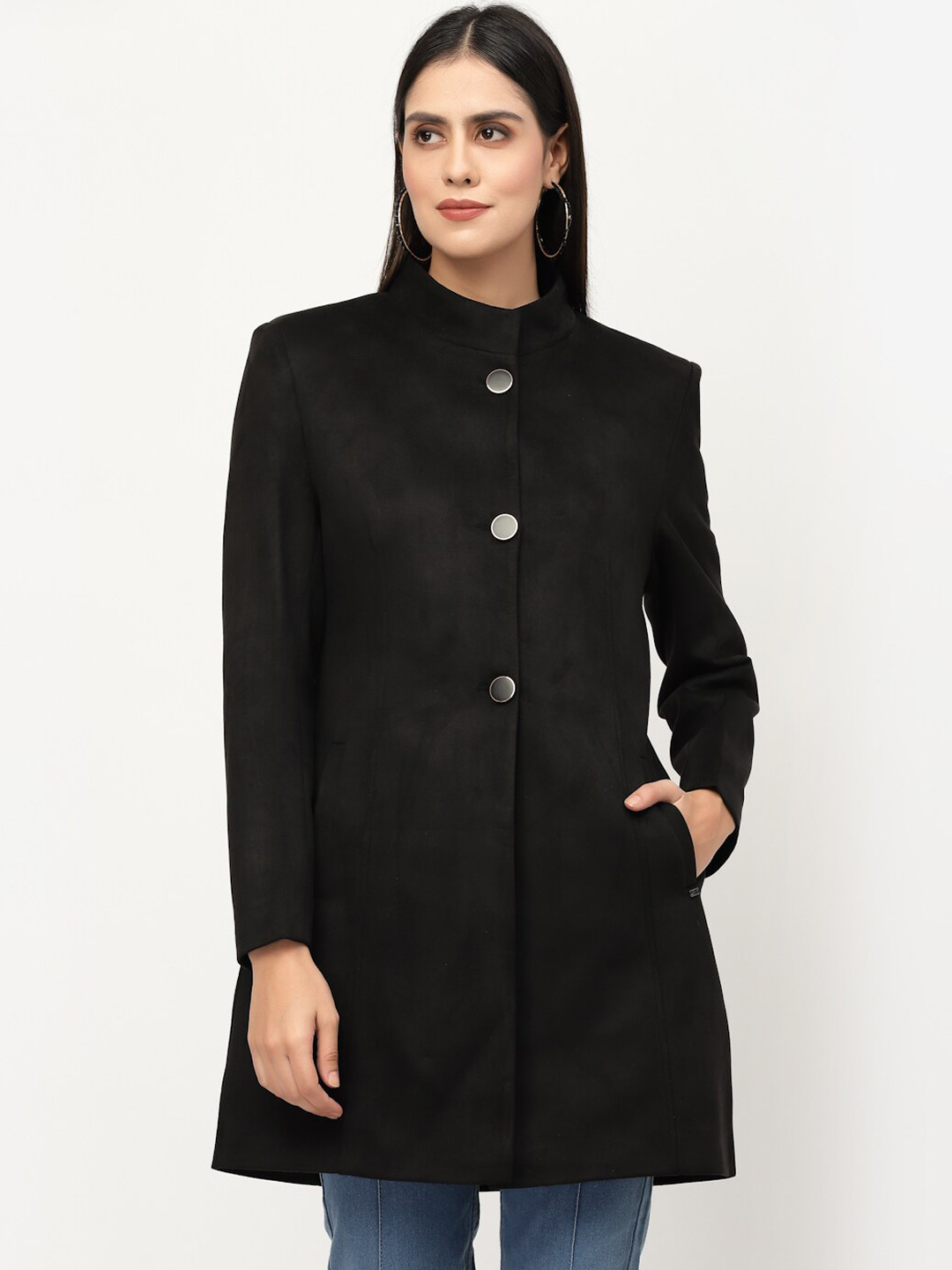 Buy Juelle Women Black Solid Slim Fit Longline Overcoats - Coats for ...