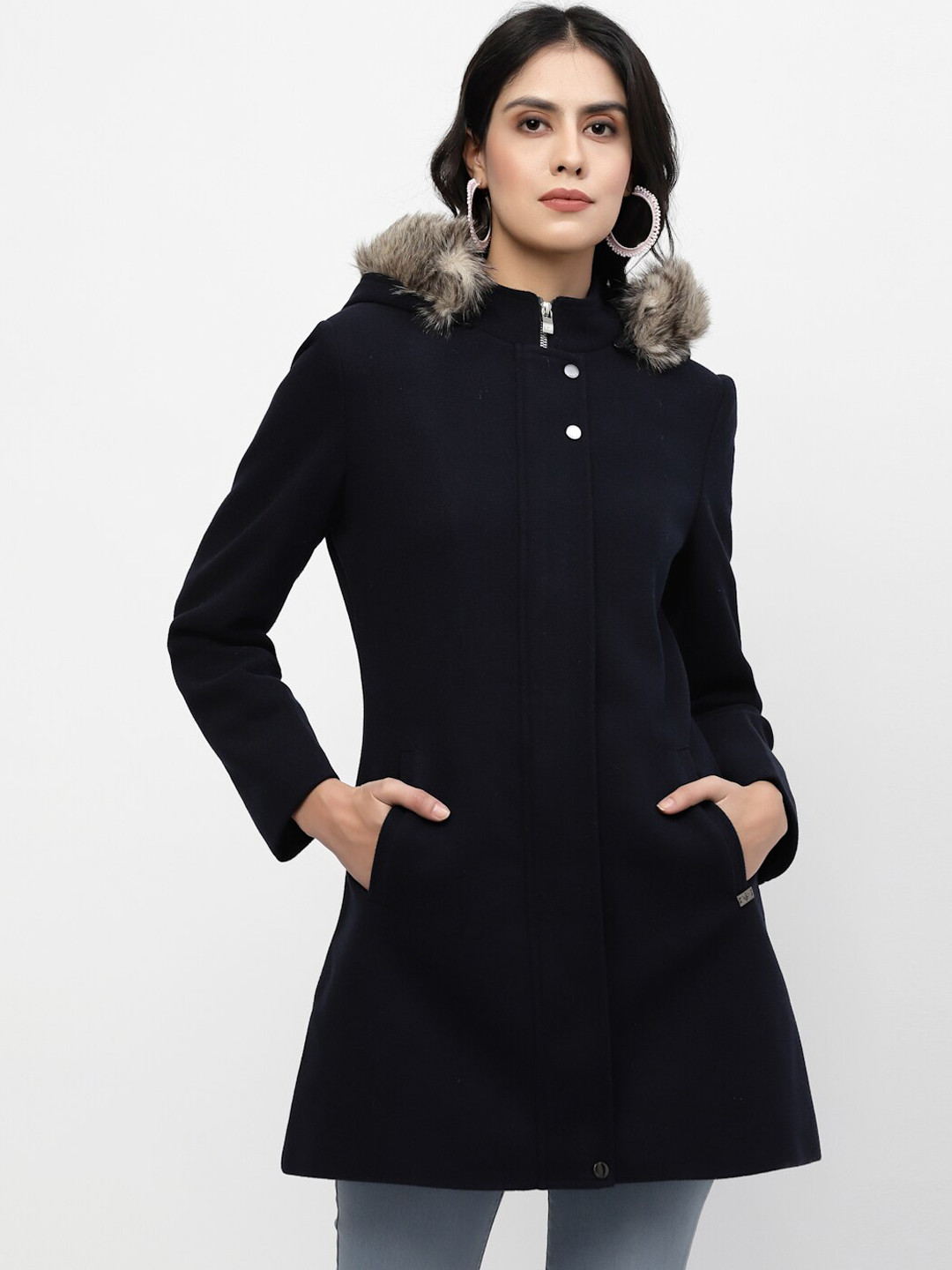 Buy Juelle Women Navy Blue Solid Slim Fit Longline Overcoats - Coats ...