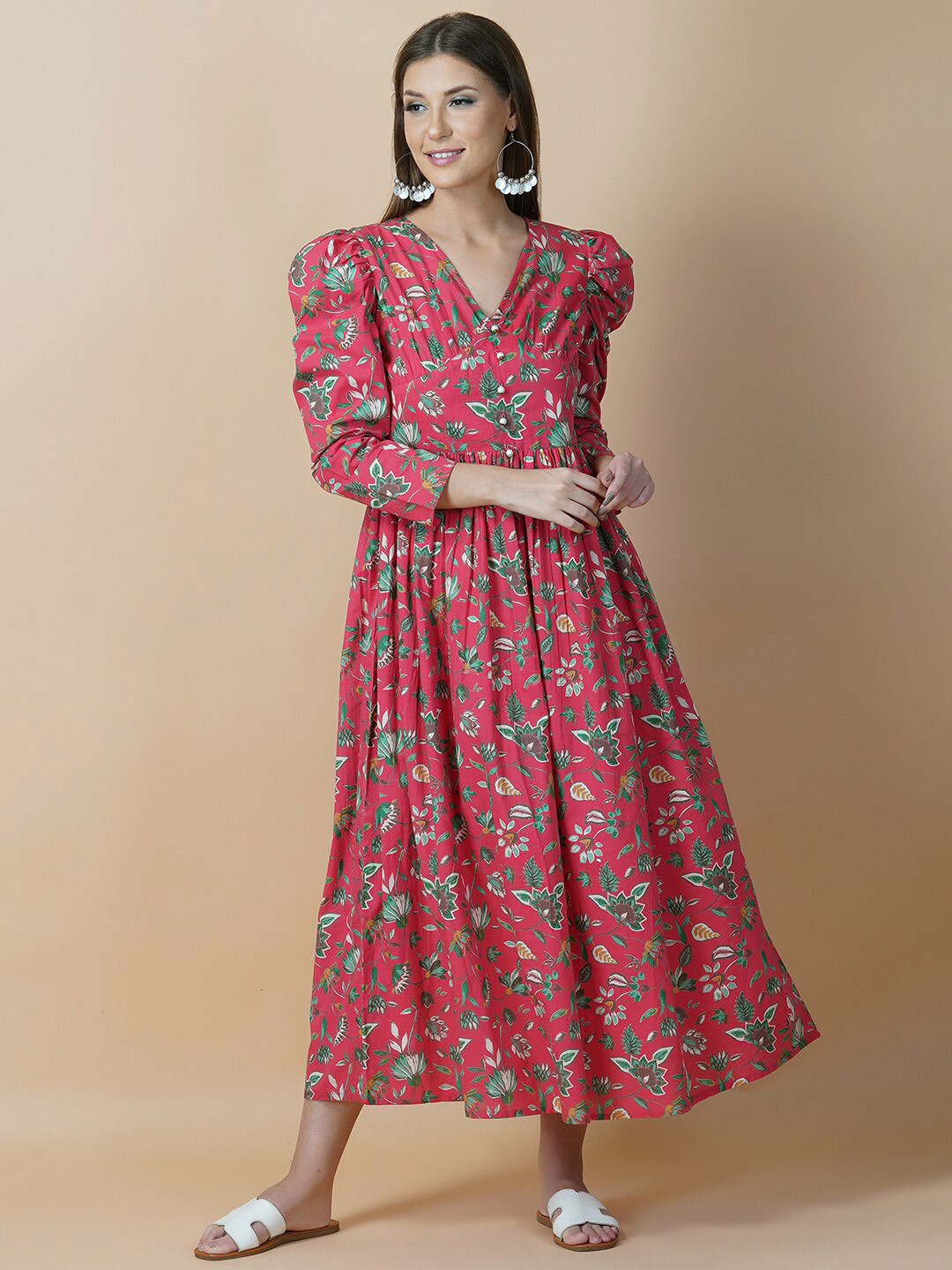Buy GULAB CHAND TRENDS Red Floral Maxi Fit & Flare Cotton Dress ...