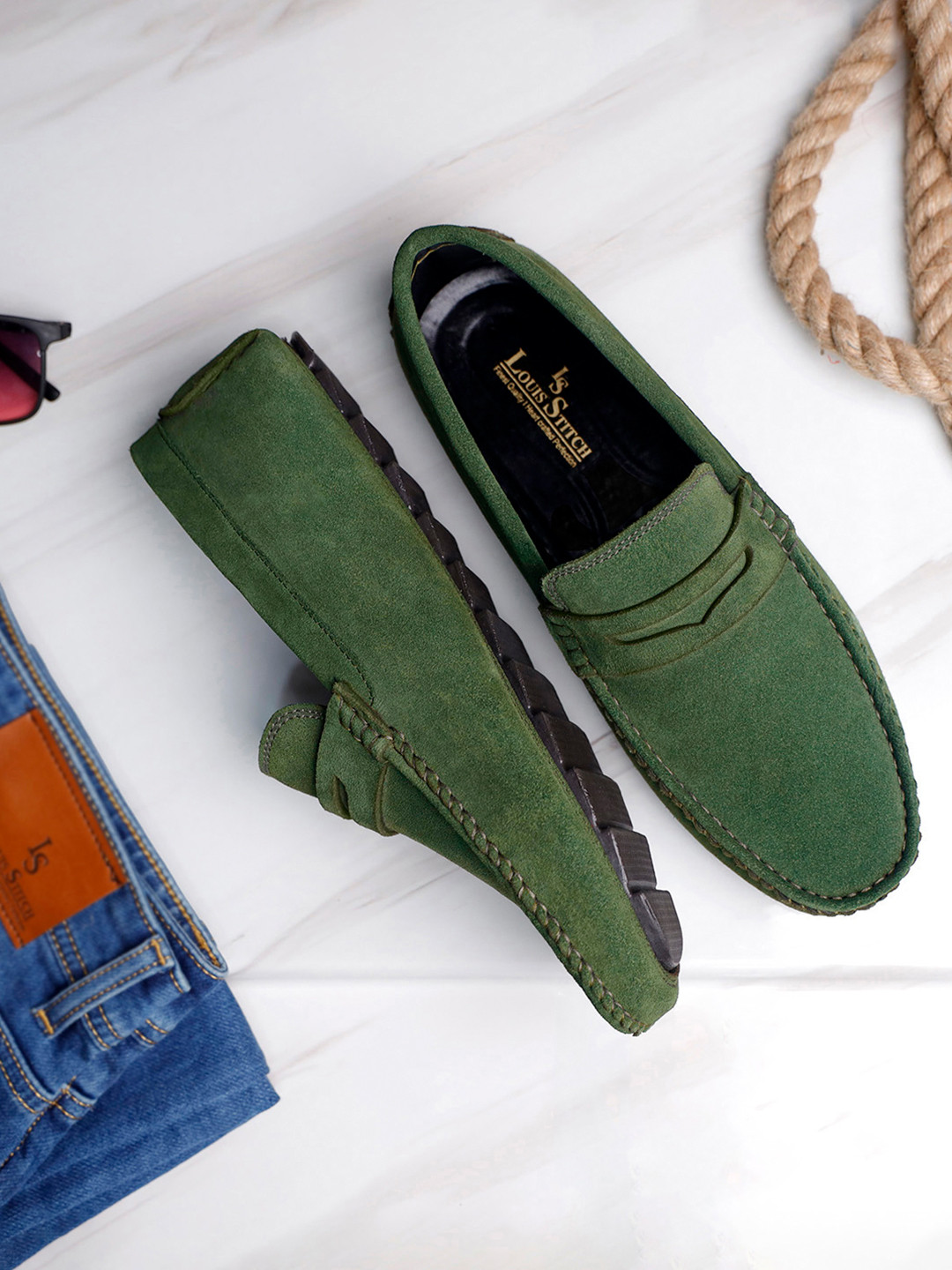 Buy Louis Stitch Men Seaweed Green Italian Suede Leather Handmade ...