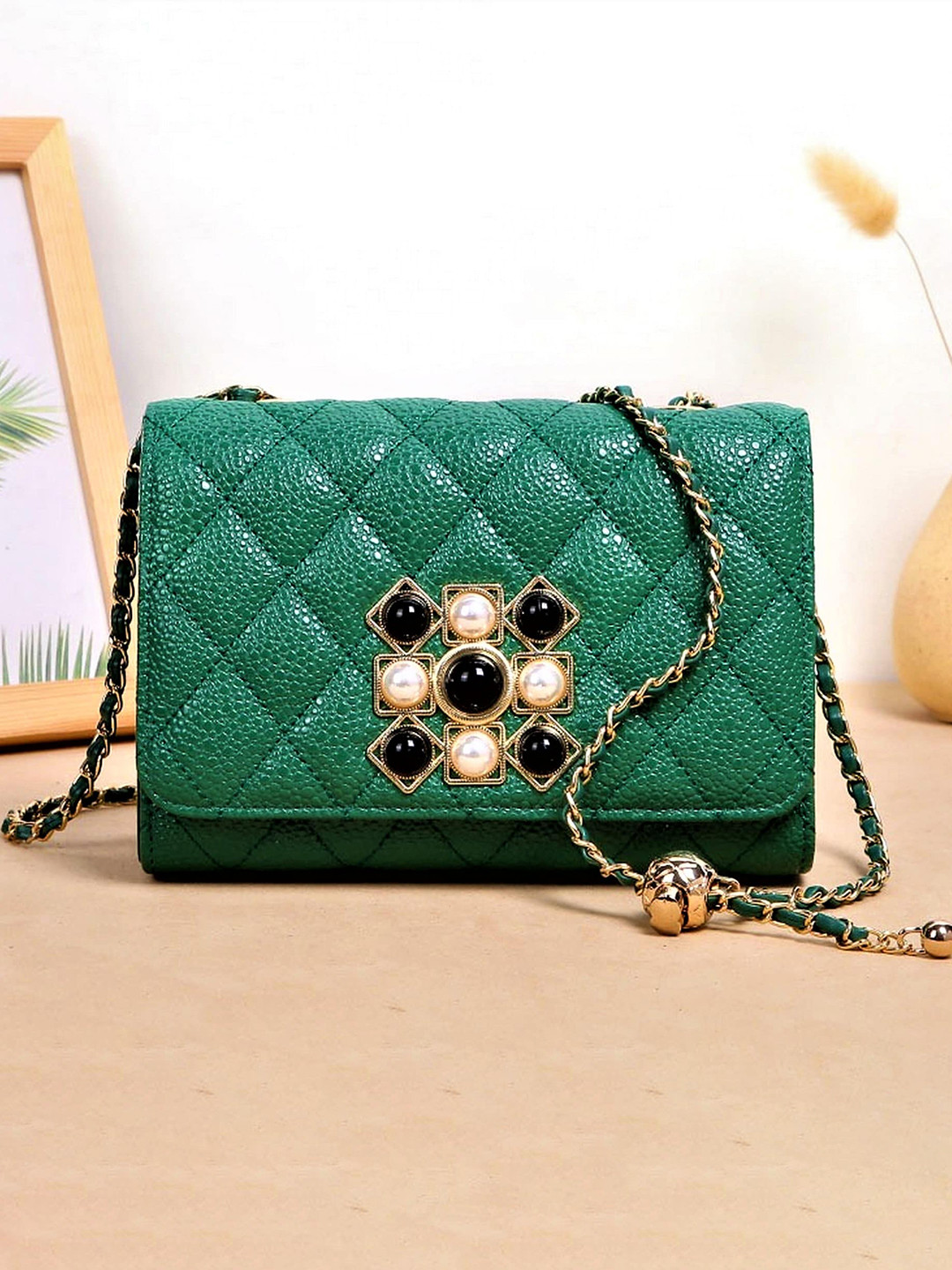 Buy Diva Dale Green Embellished PU Structured Sling Bag With Quilted ...