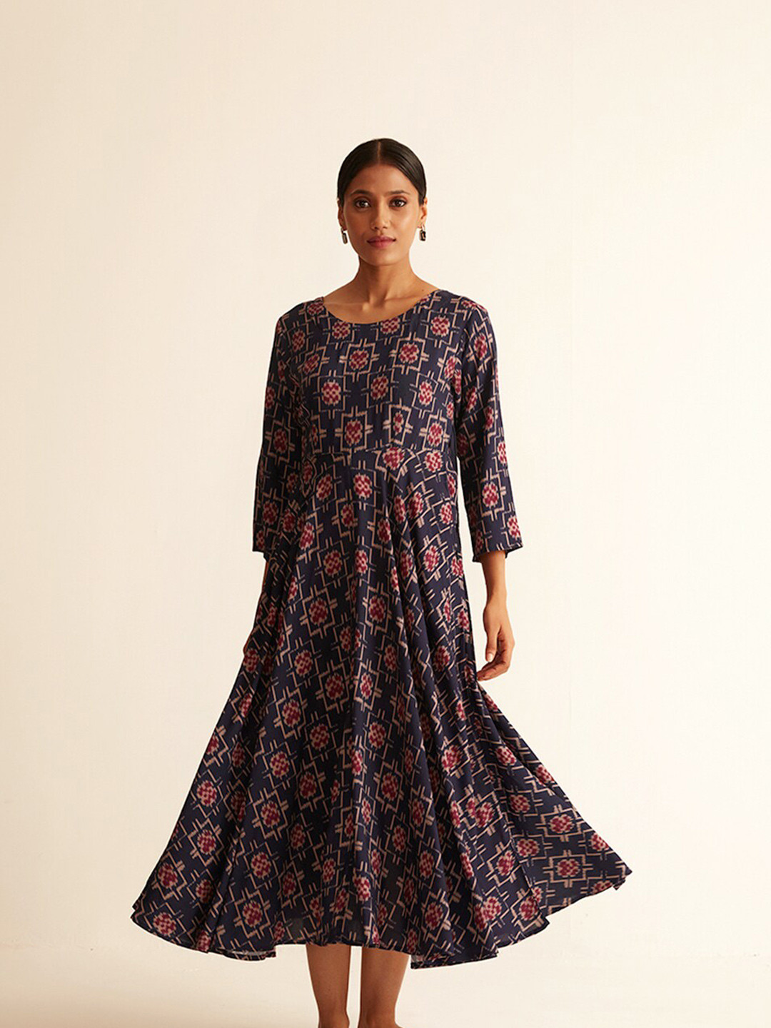 Buy Ancestry Women Navy Blue Abstract Printed A Line Midi Dress ...