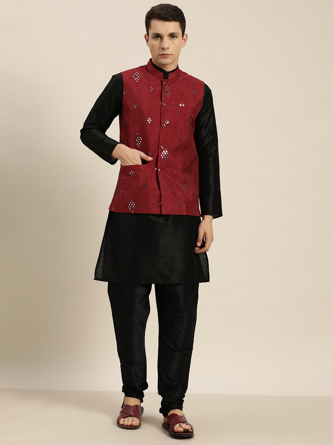Buy SOJANYA Black Mirror Work Kurta With Churidar - Kurta Sets for Men ...
