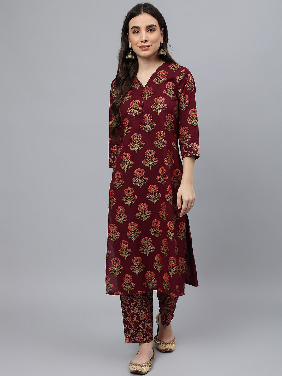 Buy Idalia Women Maroon Floral Printed Pure Cotton Kurta With Trouser ...