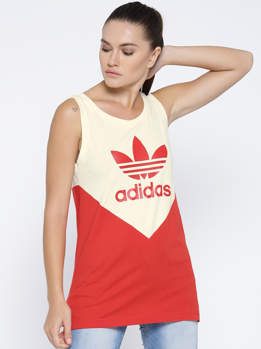 Buy Adidas Originals Women Red And Cream Coloured Ea Colourblocked Tank Pure Cotton Top Tops For