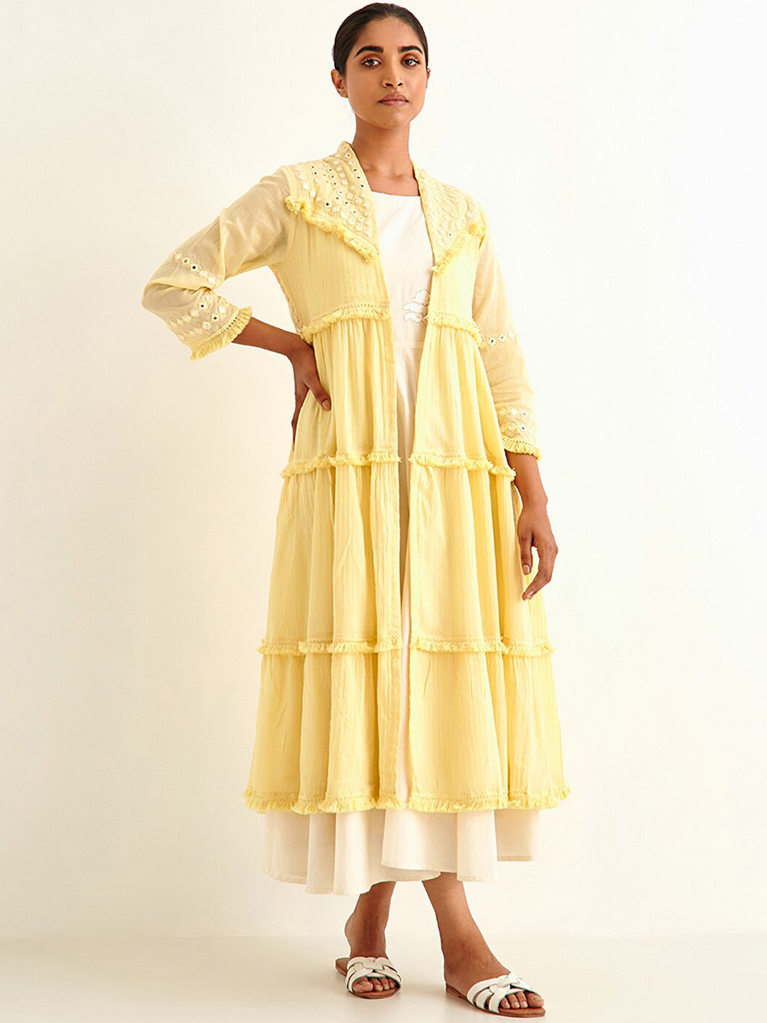 Buy Ancestry Women Yellow Ethnic Embroidered Cotton Longline Shrug ...