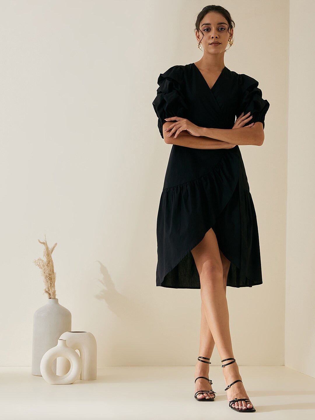 Buy Femella Women Black Wrap Pure Cotton Midi Dress - Dresses for Women ...