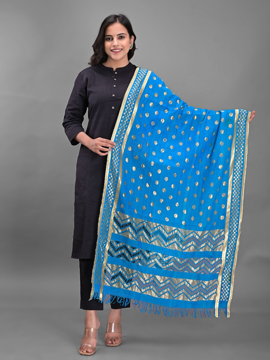 Buy Apratim Turquoise Blue & Gold Toned Woven Design Dupatta With Zari ...
