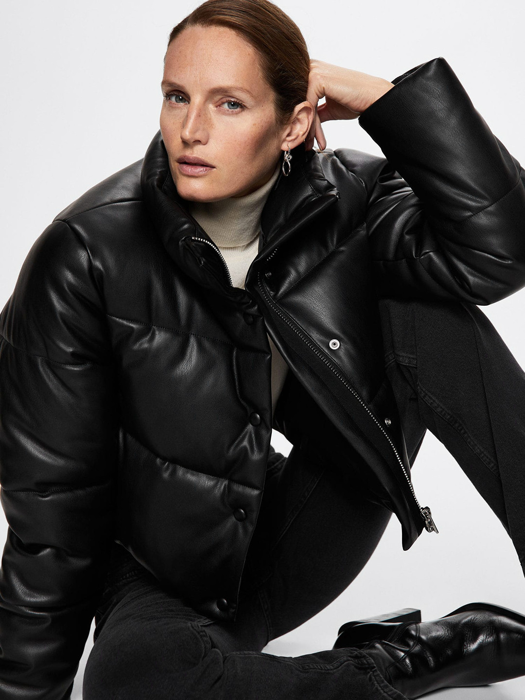 Buy MANGO Women Black Water Resistant Sustainable Faux Leather Crop ...