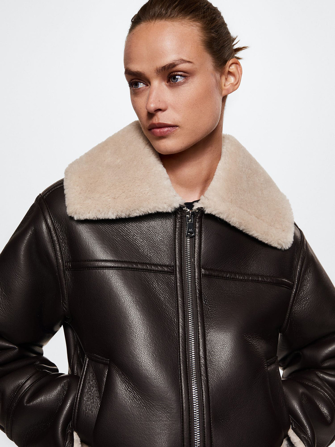 Buy MANGO Women Coffee Brown Solid Faux Shearling Lined Tailored Jacket ...