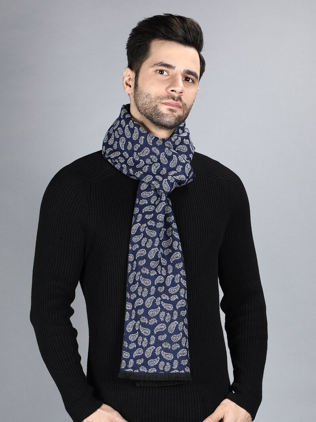Buy Alvaro Castagnino Men Navy Blue & White Paisley Printed Merino Wool Muffler - Mufflers for ...