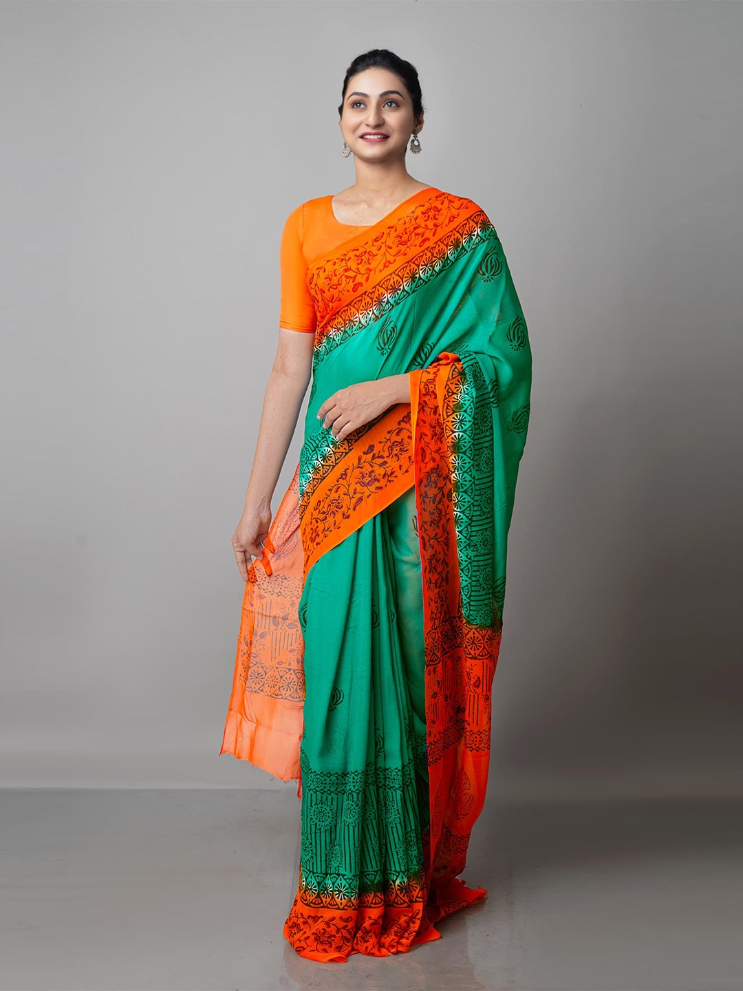 Buy Unnati Silks Green & Orange Ethnic Motifs Block Print Saree ... Buy Unnati Silks Green & Orange Ethnic Motifs Block Print Saree ...