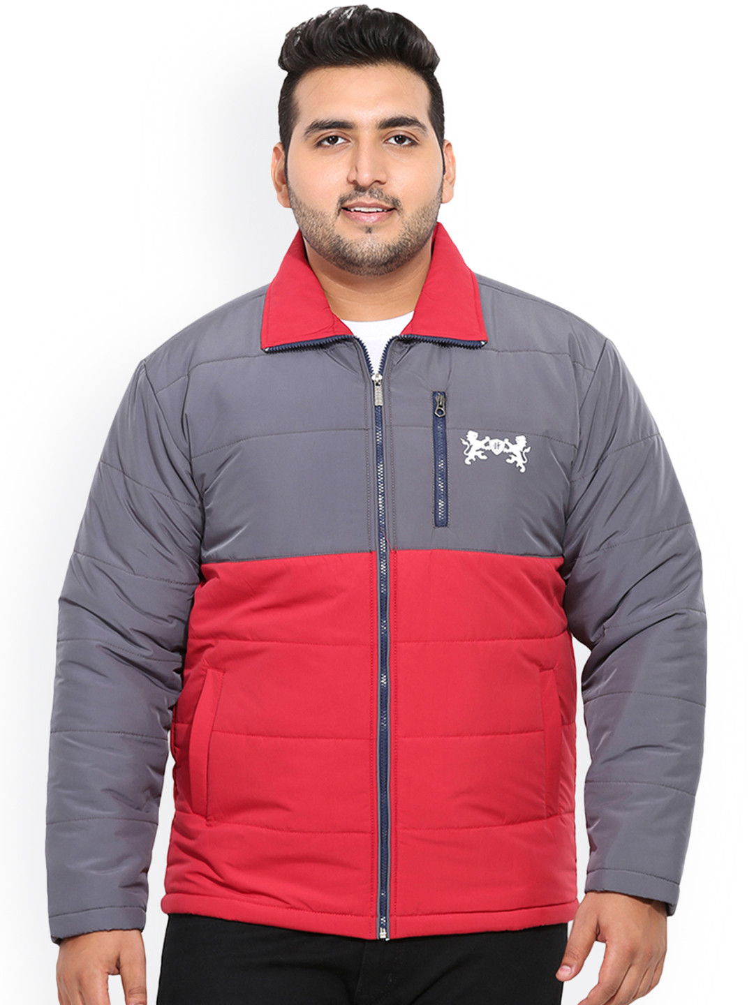 Buy John Pride Plus Size Men Grey Red Colourblocked Puffer Jacket ...