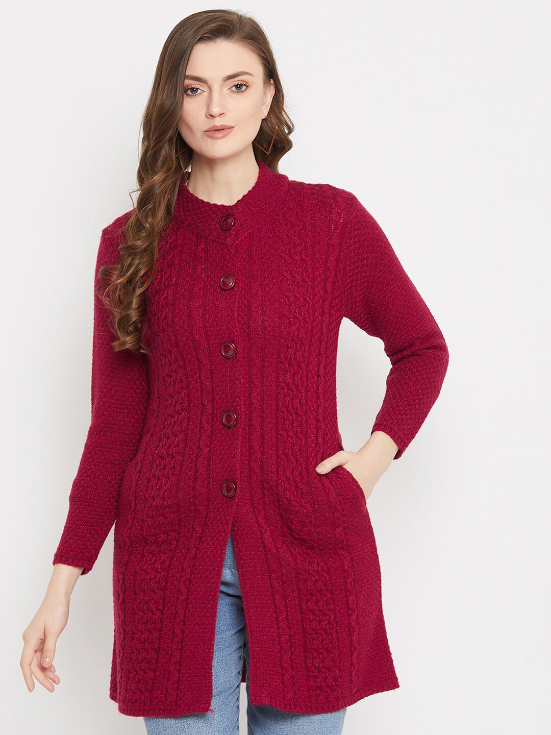 Buy Zigo Women Maroon Cable Knit Woolen Longline Cardigan Sweater ...