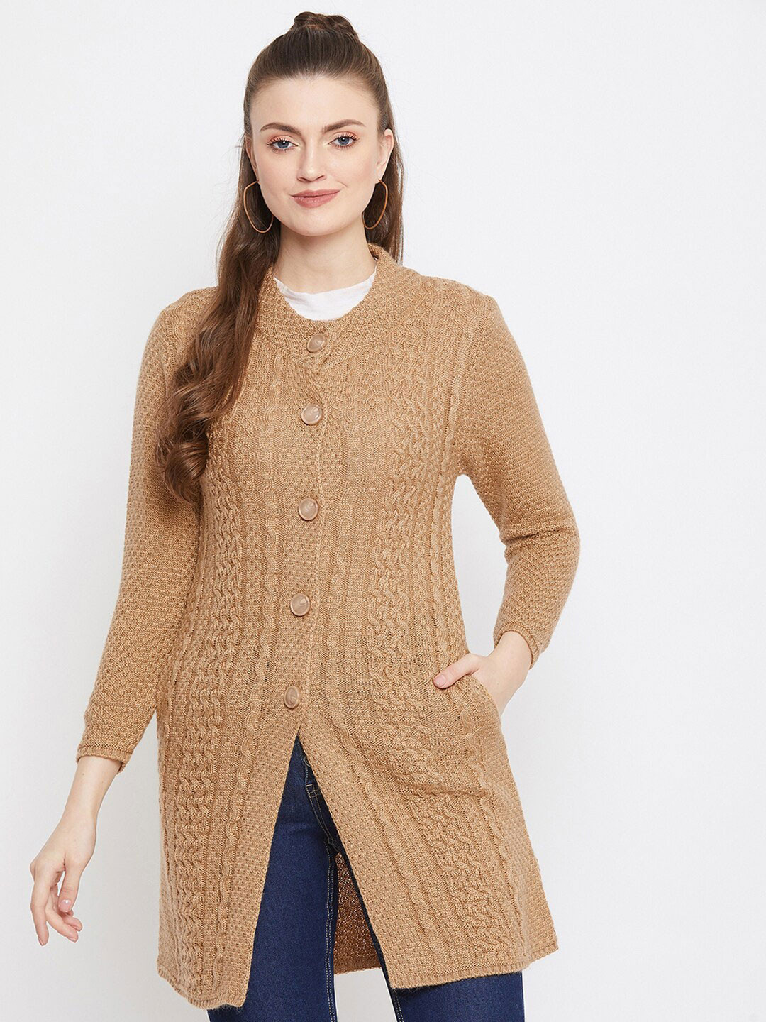 Buy Zigo Women Camel Brown Cable Knit Woolen Longline Cardigan Sweater ...