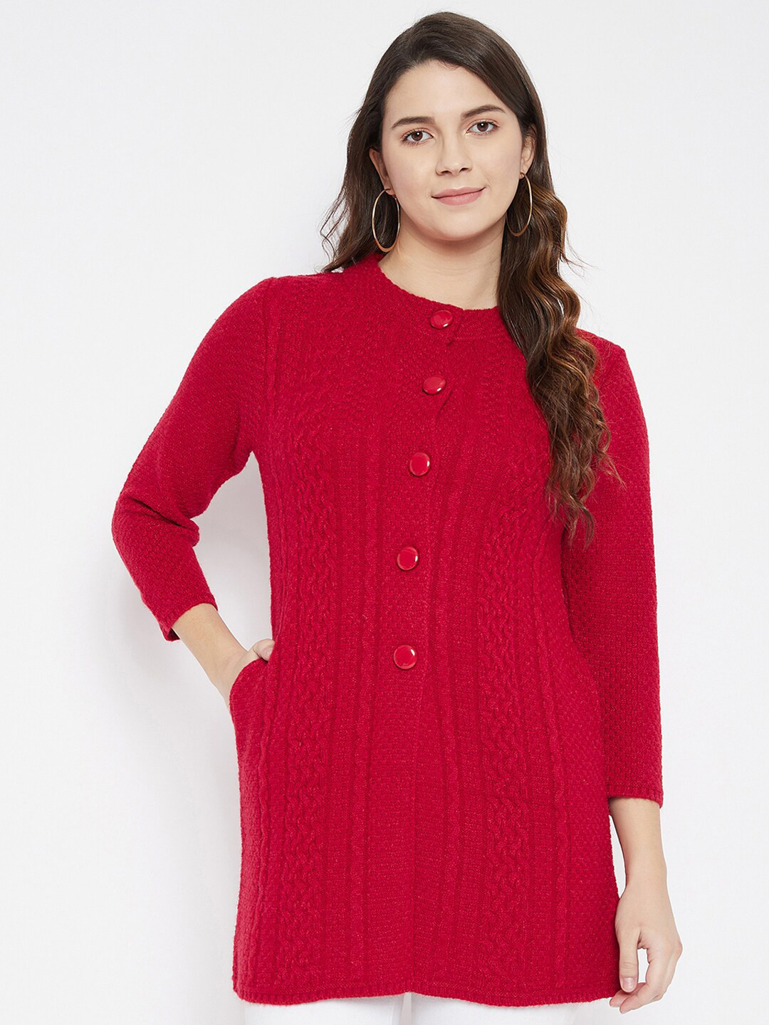 Buy Zigo Women Red Cable Knit Woolen Longline Cardigan Sweater ...