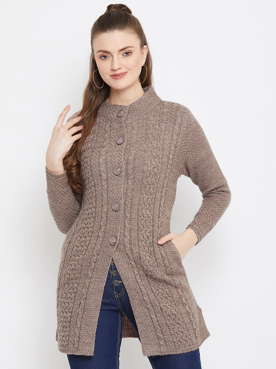 Buy Zigo Women Mauve Cable Knit Woolen Longline Cardigan Sweater ...