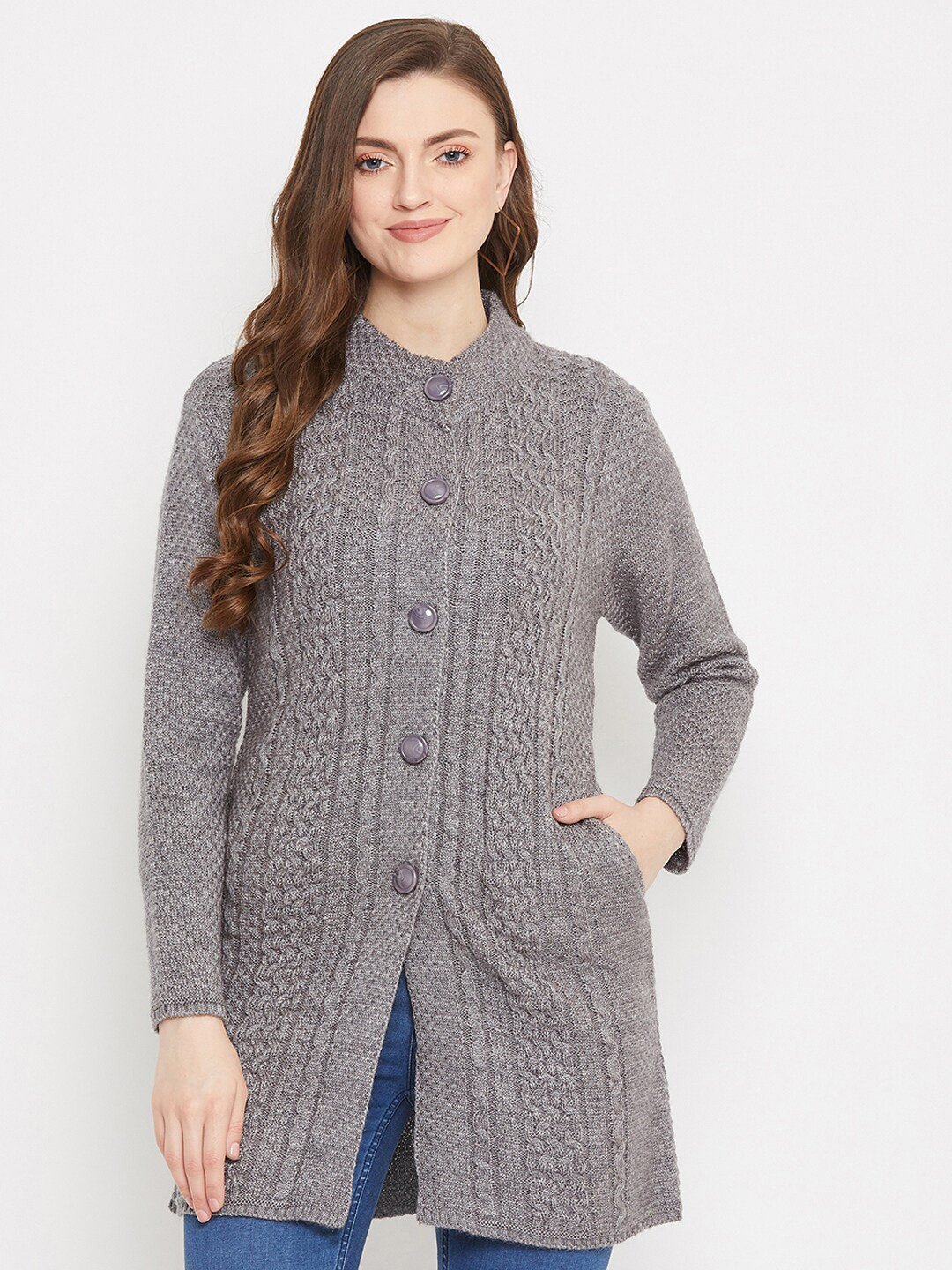 Buy Zigo Women Grey Cable Knit Wool Longline Cardigan - Sweaters for ...