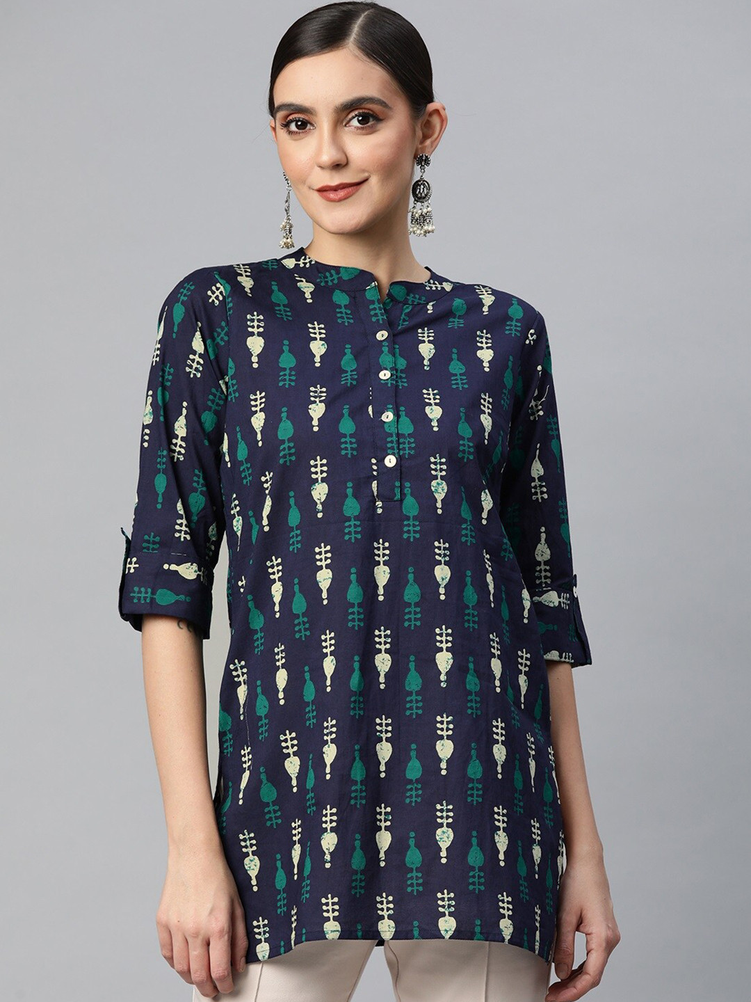 Buy IRIDAA JAIPUR Blue & Green Mandarin Collar Printed Cotton Tunic ...