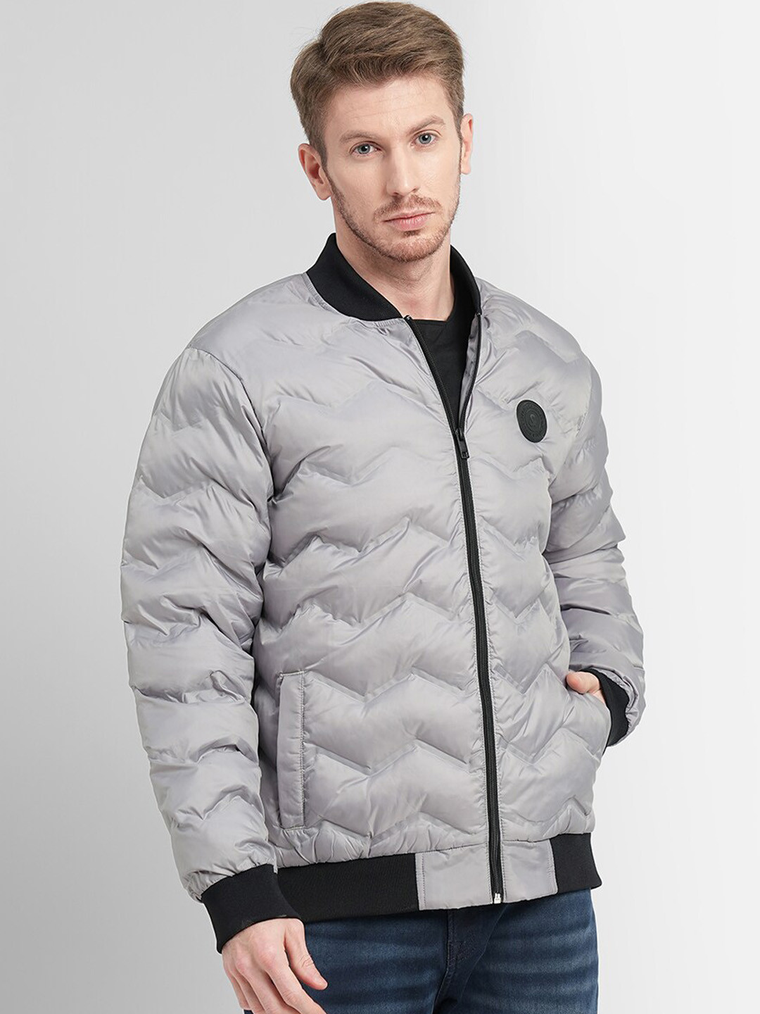 Buy Jack & Jones Men Grey Padded Jacket With Patchwork - Jackets for ...