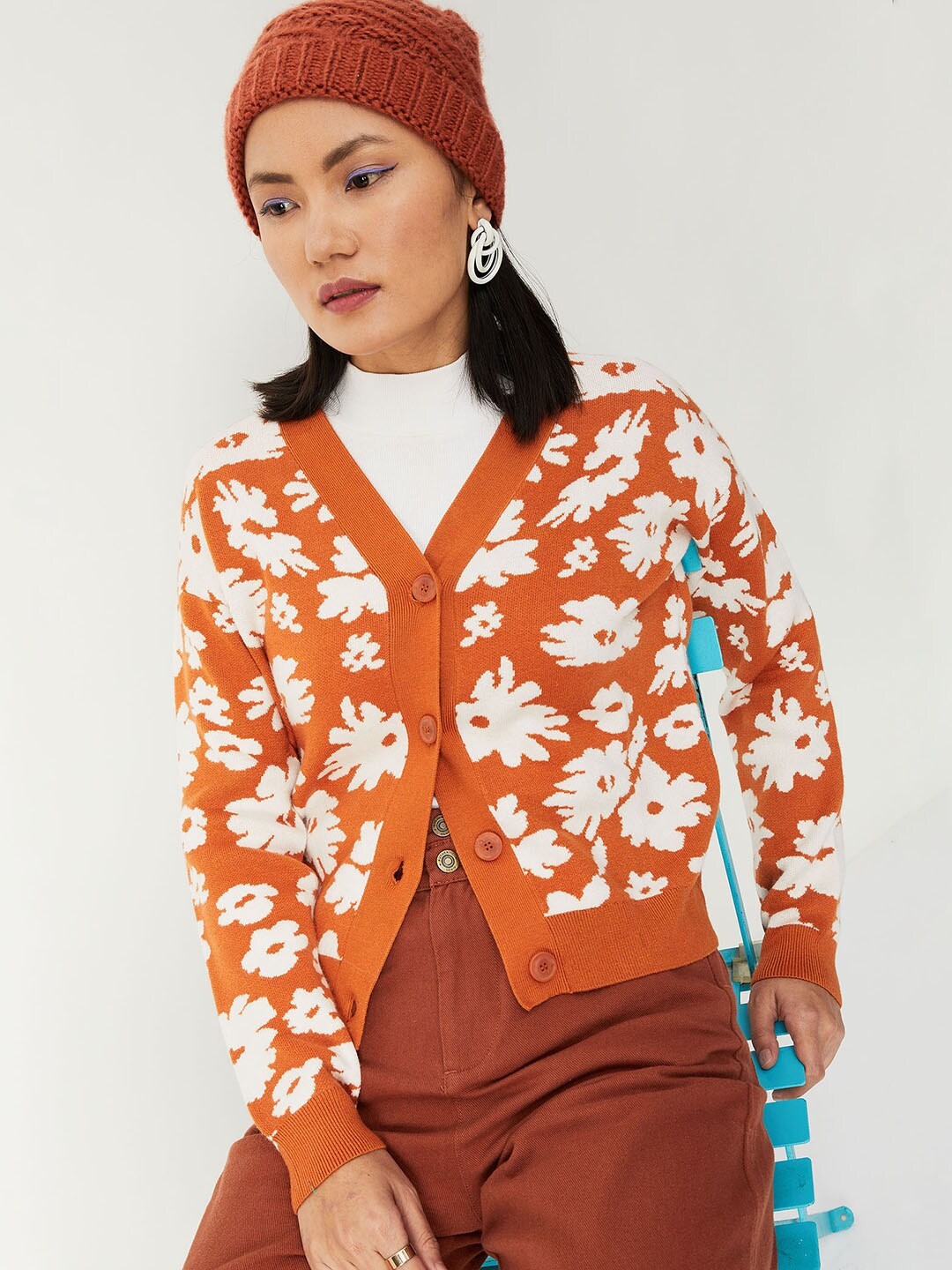 Buy Max Women Rust & White Floral Printed Cardigan - Sweaters for Women ...