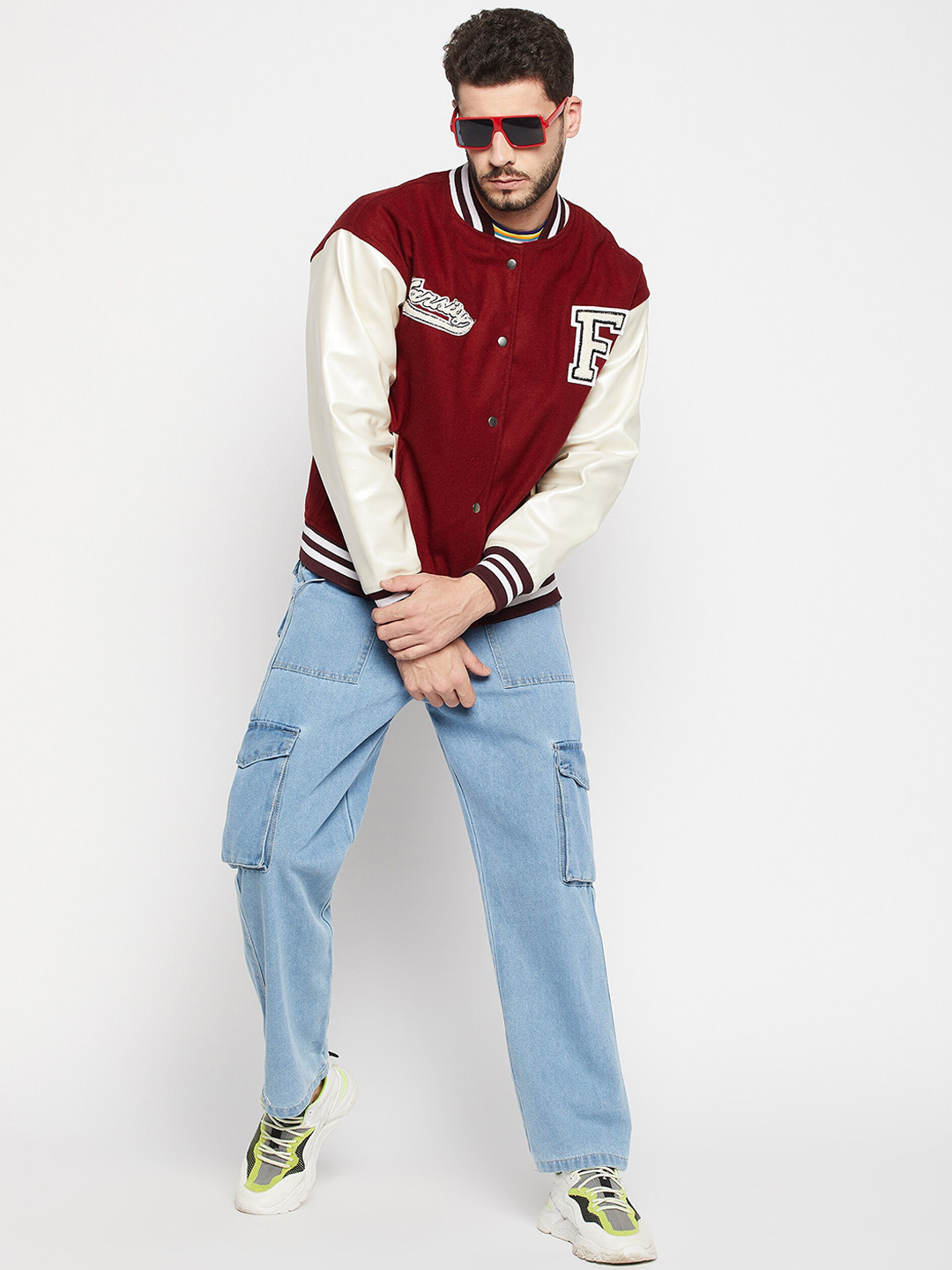 Buy FUGAZEE Men Maroon Colourblocked Varsity Jacket - Jackets for Men ...