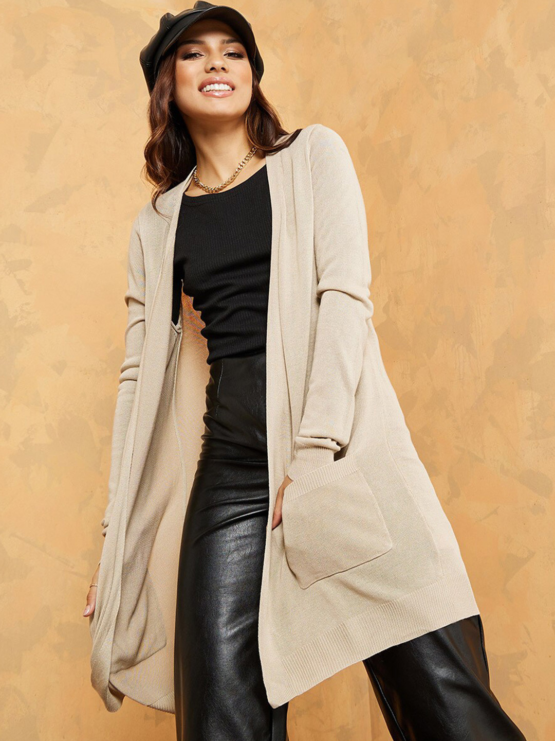 Buy Styli Women Beige Longline Front Open Sweater - Sweaters for Women ...