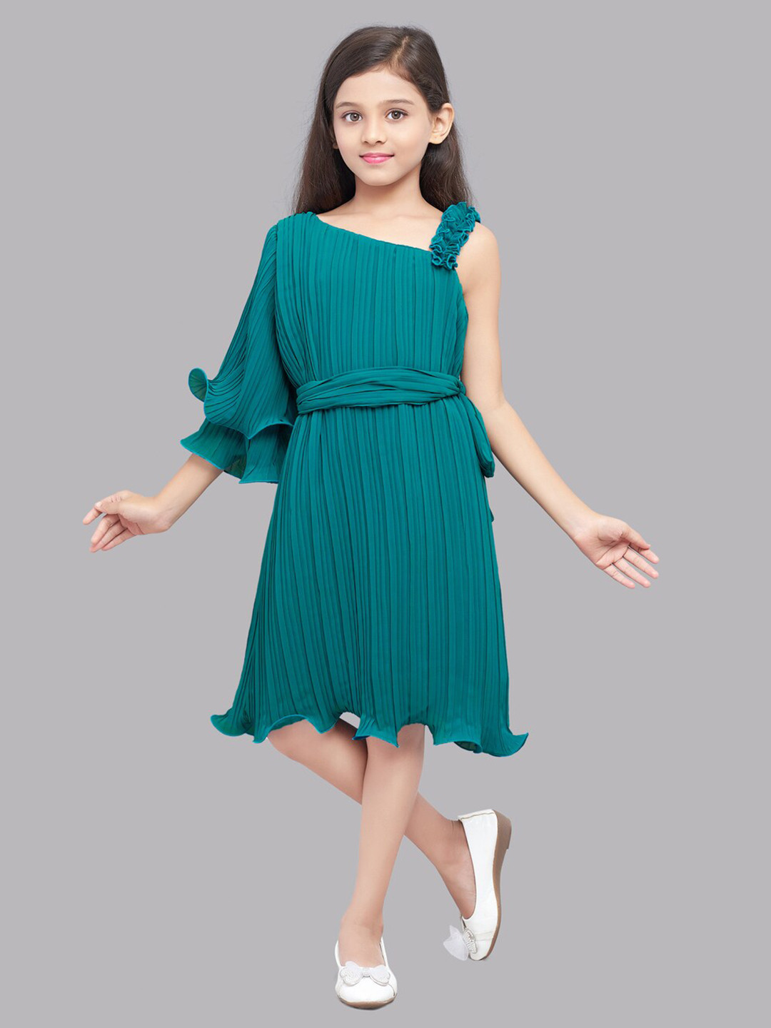 Buy Pink Chick Girls Teal One Shoulder Georgette Dress - Dresses for ...