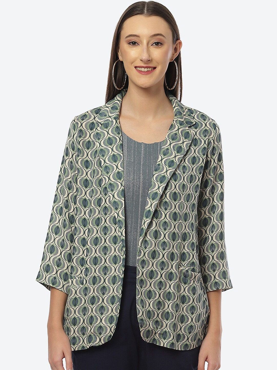 Buy Biba Women Blue Geometric Open Front Jacket - Jackets for Women ...