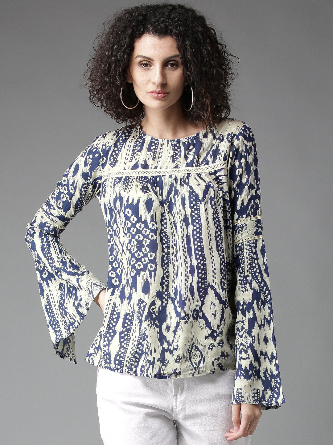 Buy HERE&NOW Women Cream Coloured & Blue Printed Top - Tops for Women ...